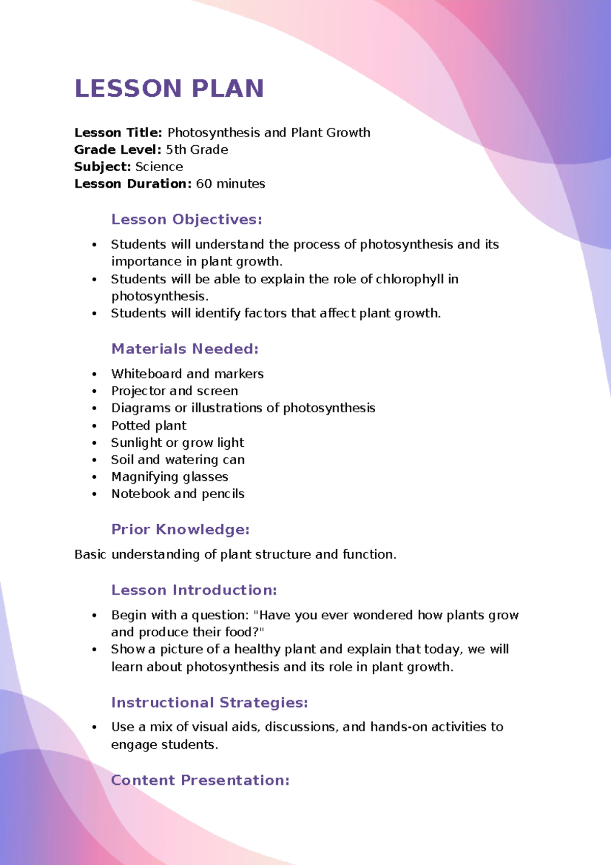 Colorful Lesson Plan Template - LESSON PLAN Lesson Title ...