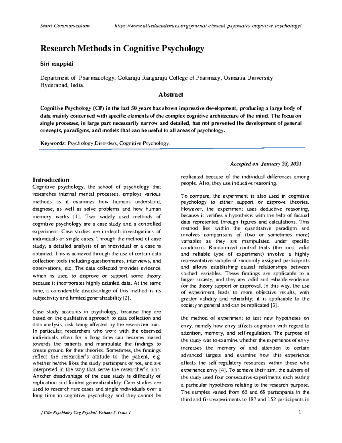 Research methods in cognitive psychology - Short Communication - Studocu