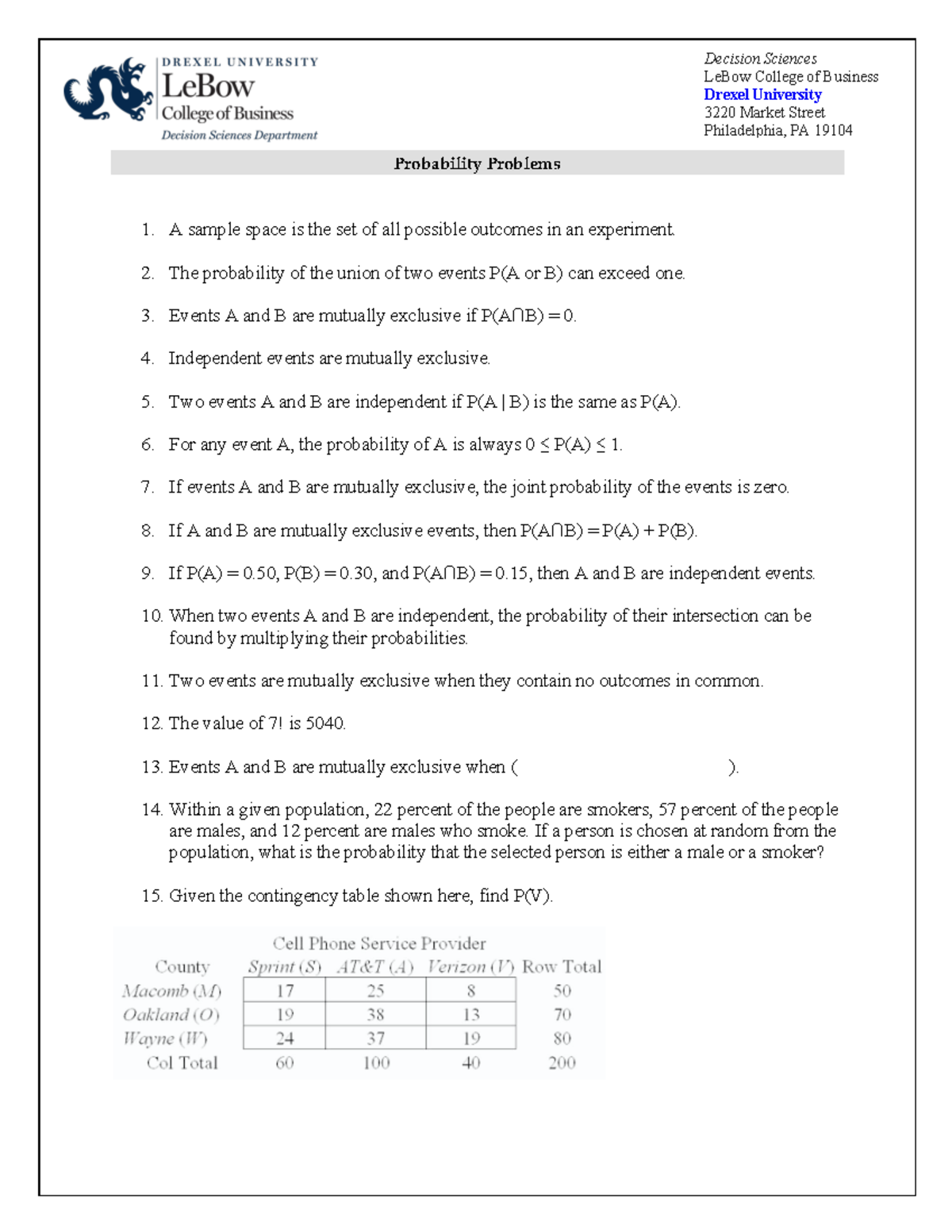Basic Probability Problems - Decision Sciences LeBow College of ...