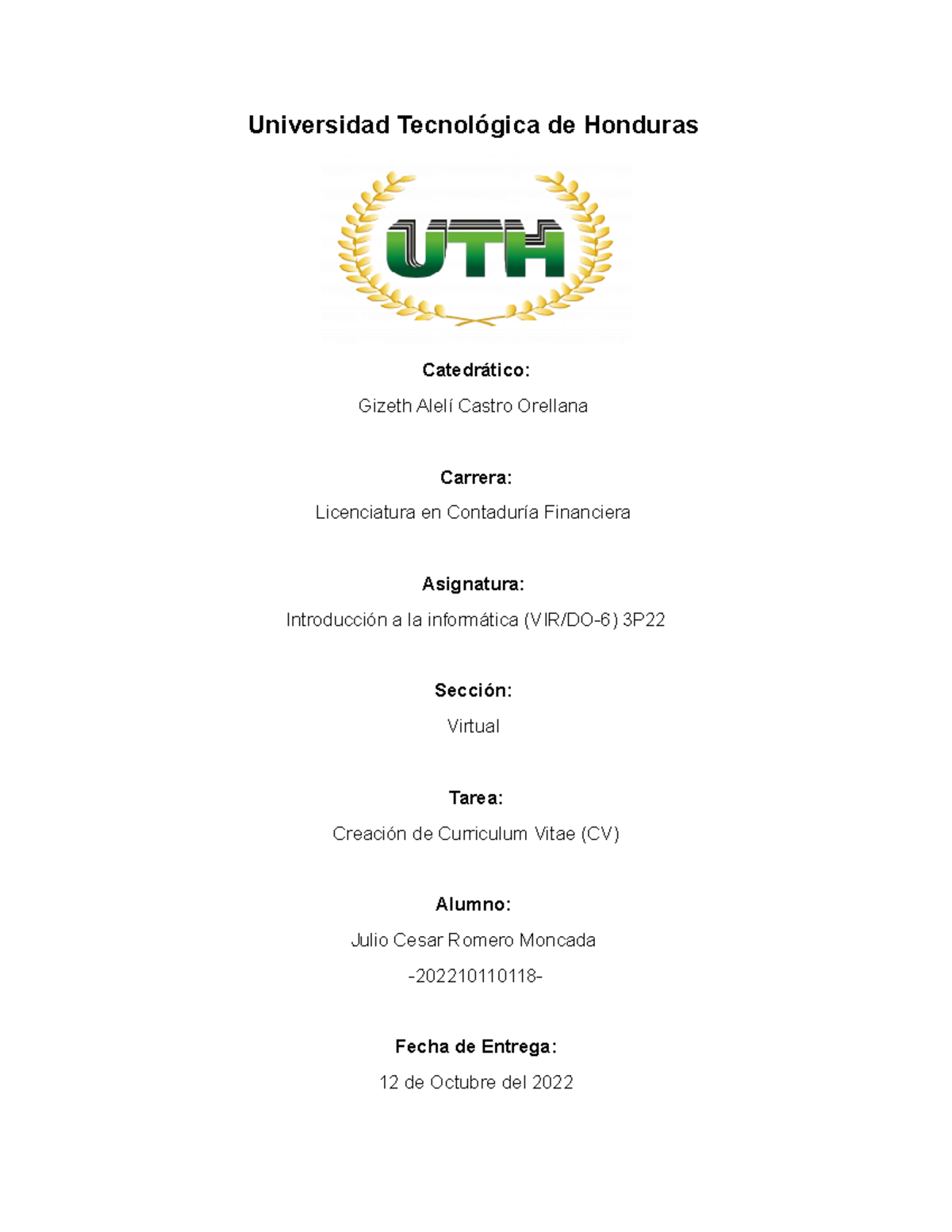 Tarea de Creacion de Curriculum Vitae (CV) - Universidad Tecnológica de ...