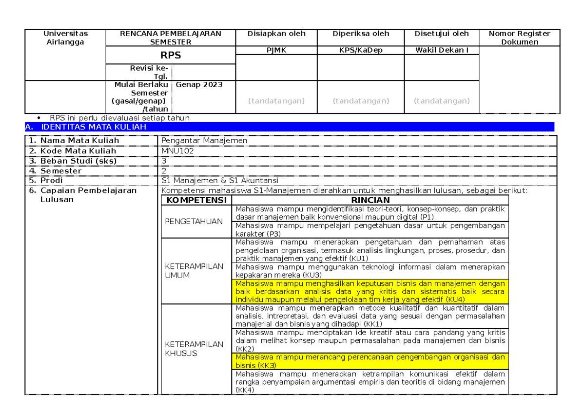 RPS Pengantar Manajemen Genap 2023 - Airlangga SEMESTER Dokumen RPS ...