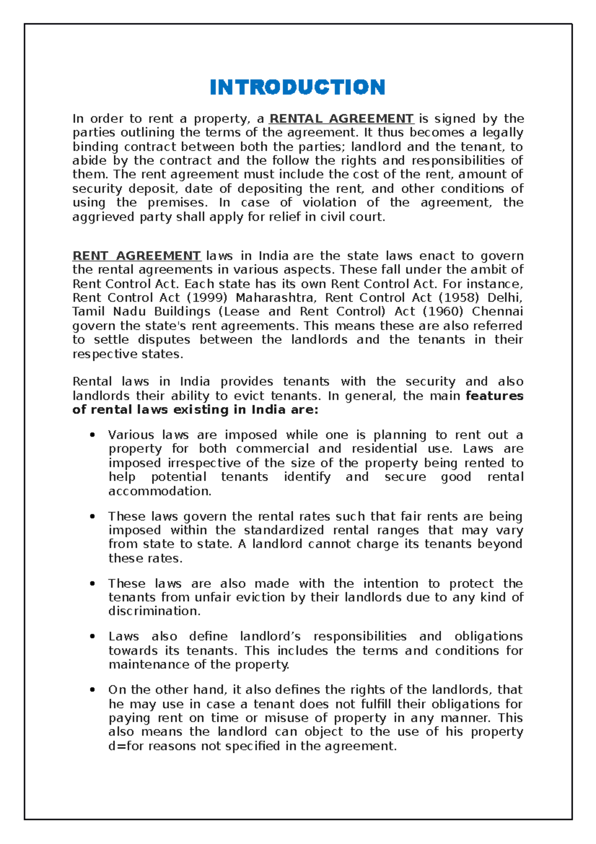 This Rent agreement is hereby executed at - INTRODUCTION In order to ...