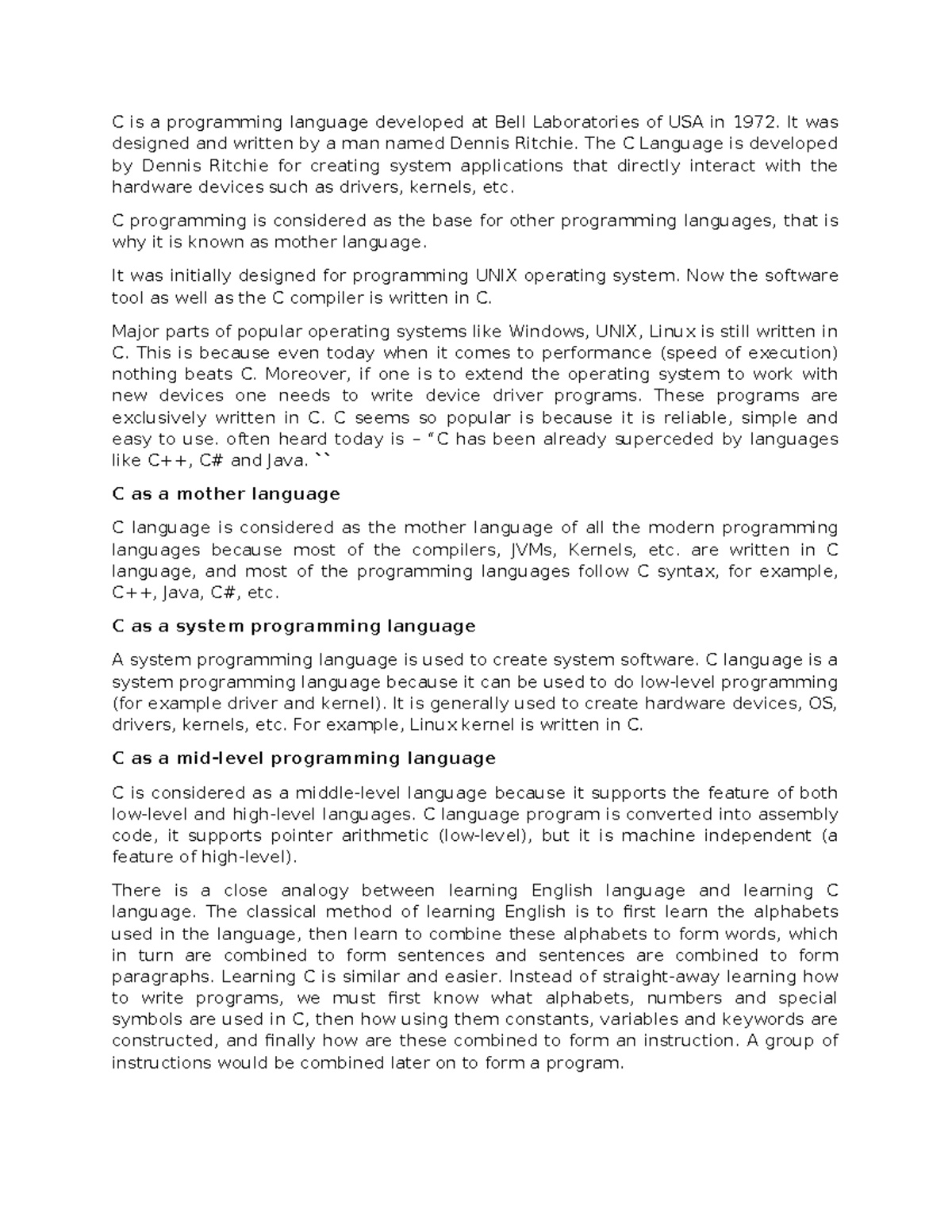 Lecture Notes C Is A Programming Language Developed At Bell Laboratories Of Usa In 1972 It