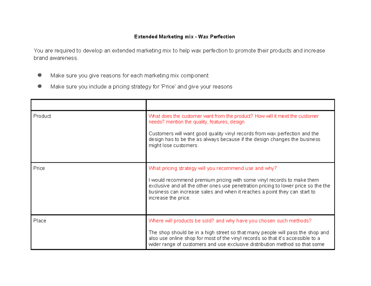 Extended Marketing mix - Wax Perfection - Make sure you give reasons ...