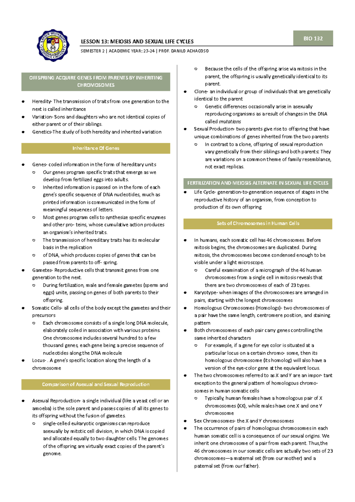 Chapter 13: Meiosis and Sexual Life Cycles - LESSON 13: MEIOSIS AND ...