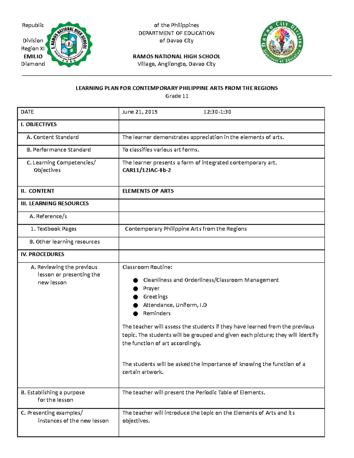 Lesson Plan for contemporary arts - Republic of the Philippines ...