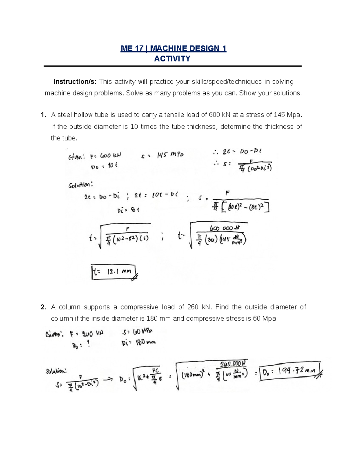 Assign 45 - Machine Design 1 Problem Solving (1-11) - ME 17 | MACHINE ...