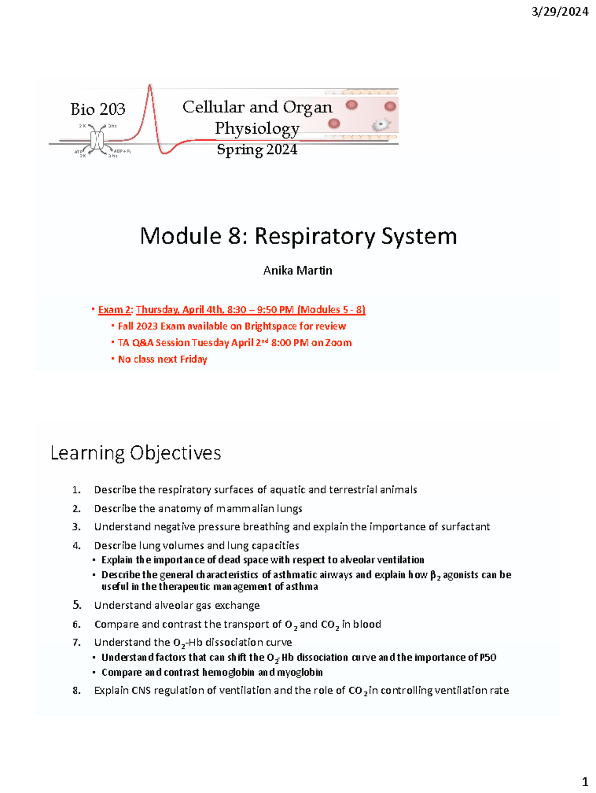 Module 8 - Respiratory System (Spring 2024 w answers) - Module 8: Respiratory System Anika ...