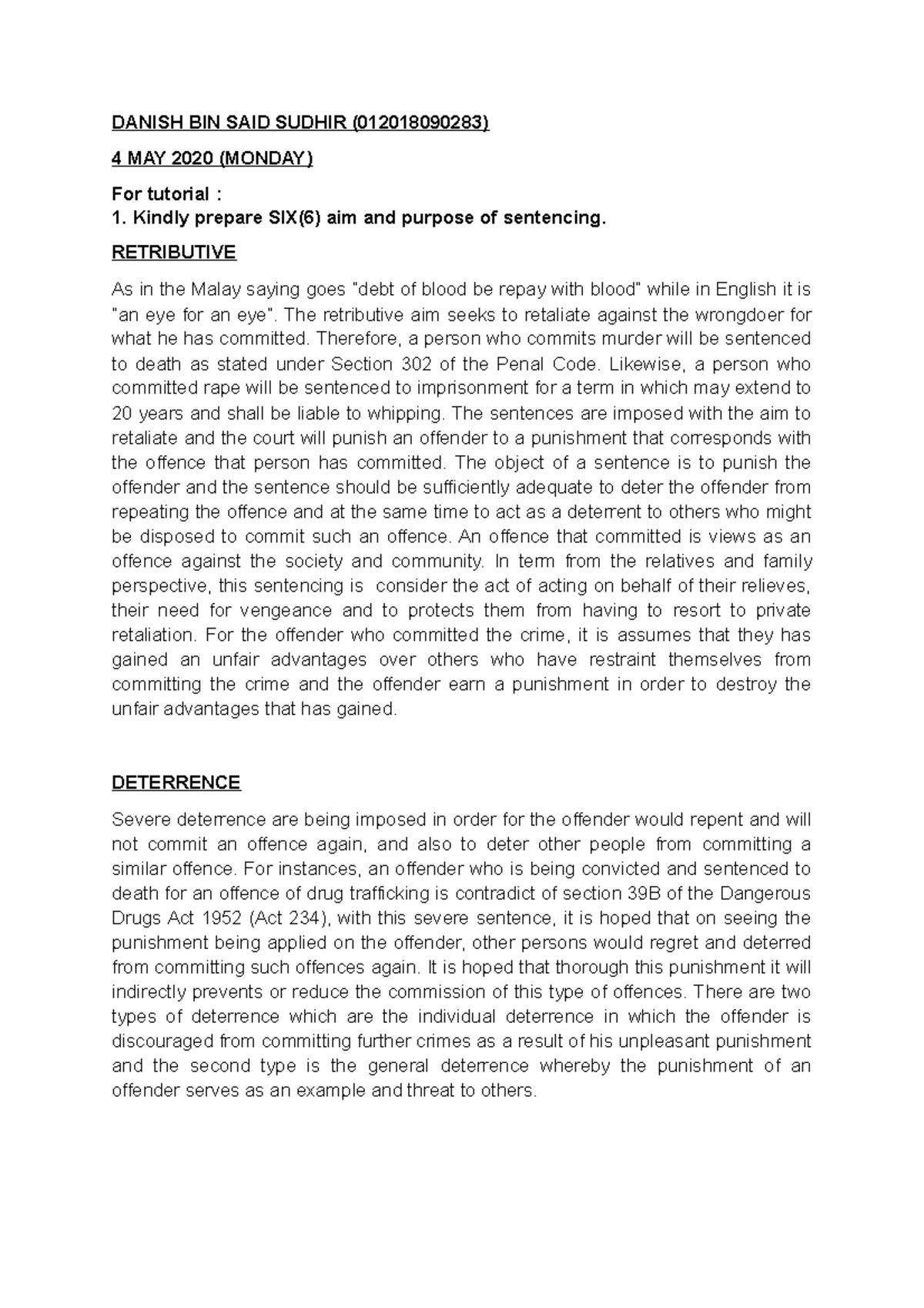 Criminal Tutorial 4 MAY 2020 ( AIM OF Sentencing) - DANISH BIN SAID ...
