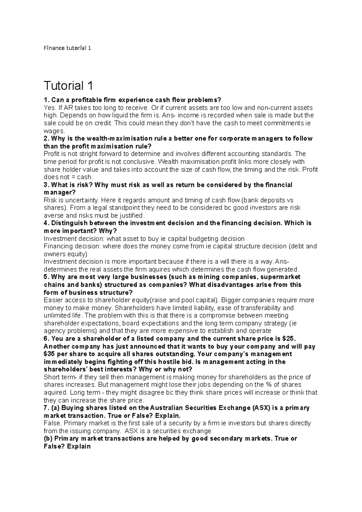 Finance tutorial 1 - Notes taken whilst in Class - Finance tutorial 1 ...