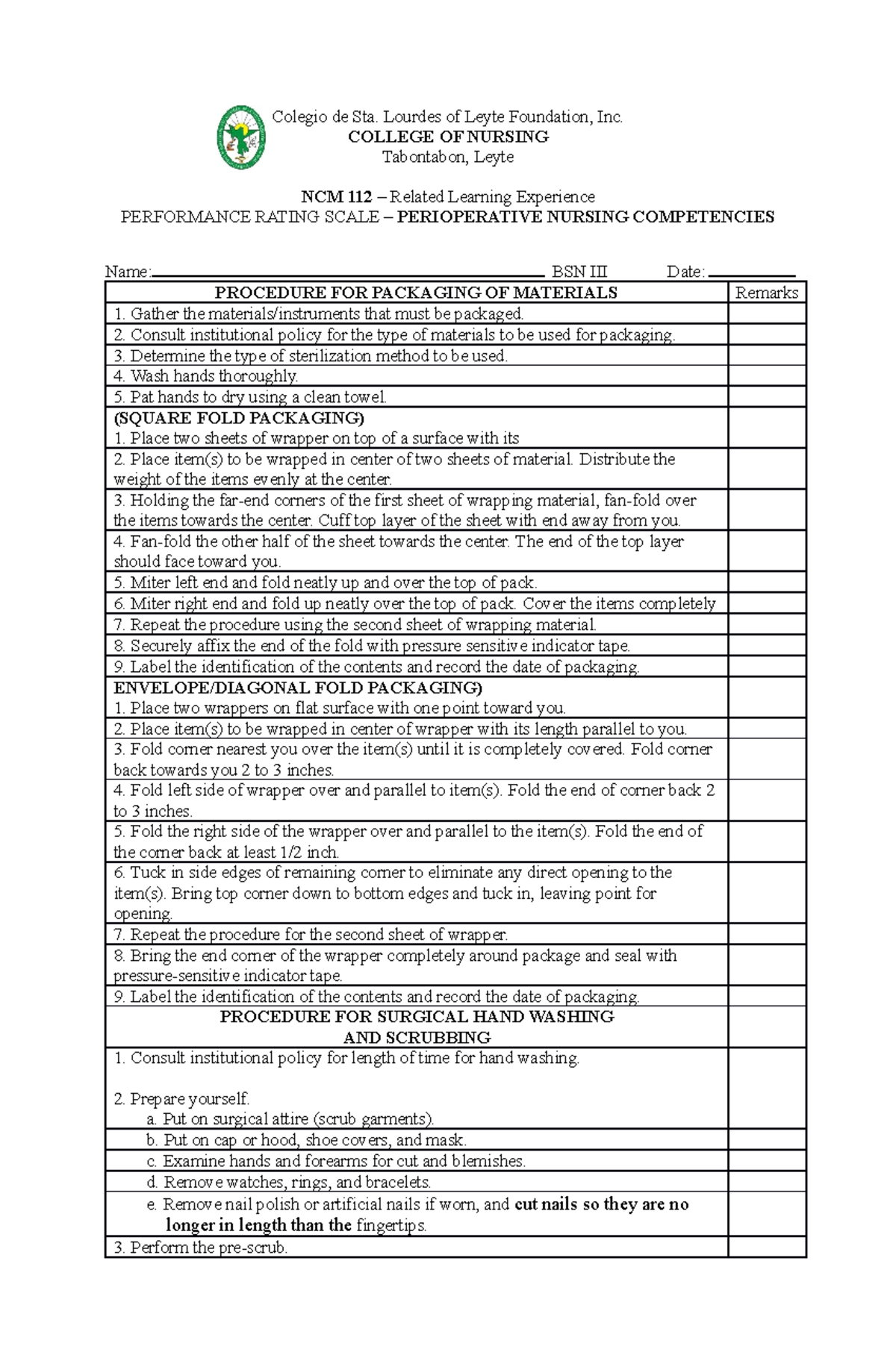 PRS-Perioperative - BSN RN - Colegio de Sta. Lourdes of Leyte ...