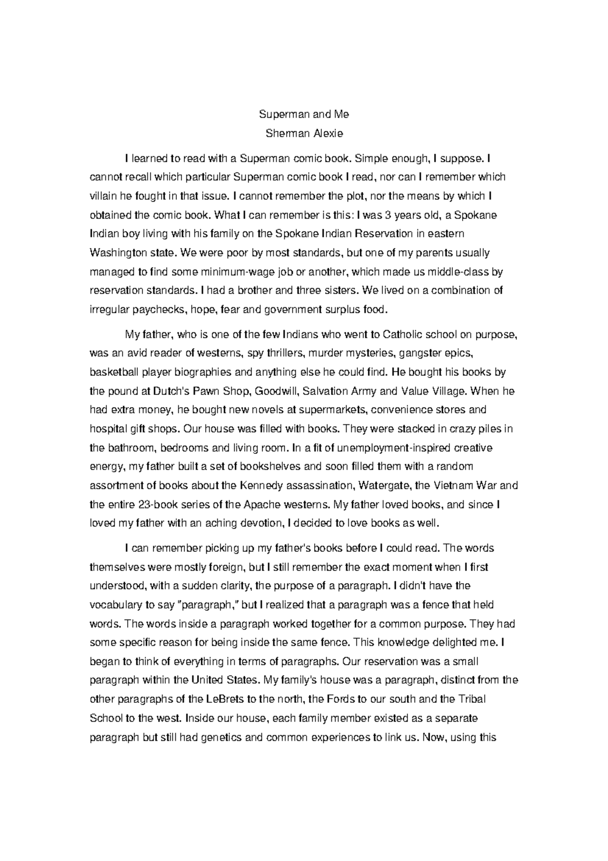 Supermanand Meby Alexie - Superman and Me Sherman Alexie I learned to ...