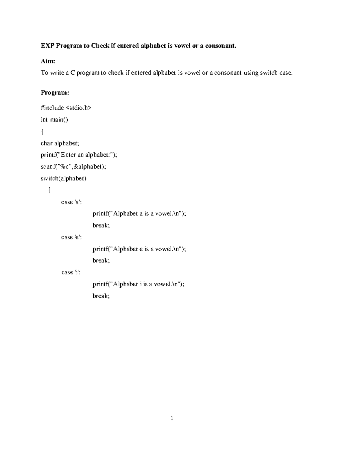 C lab practical manual - EXP Program to Check if entered alphabet is ...