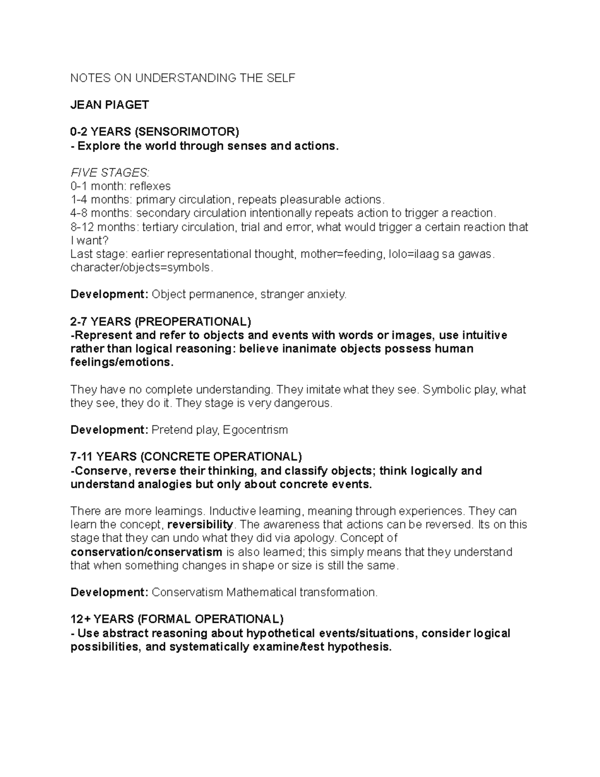 Notes ON Understanding THE SELF - NOTES ON UNDERSTANDING THE SELF JEAN ...