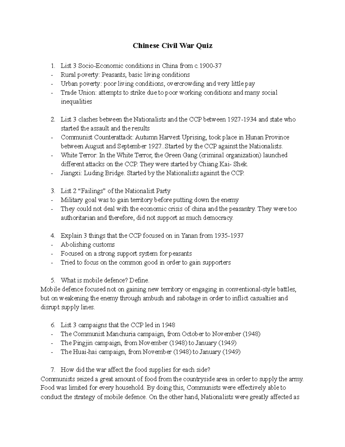 Chinese Civil War Quiz - Chinese Civil War Quiz List 3 Socio-Economic ...