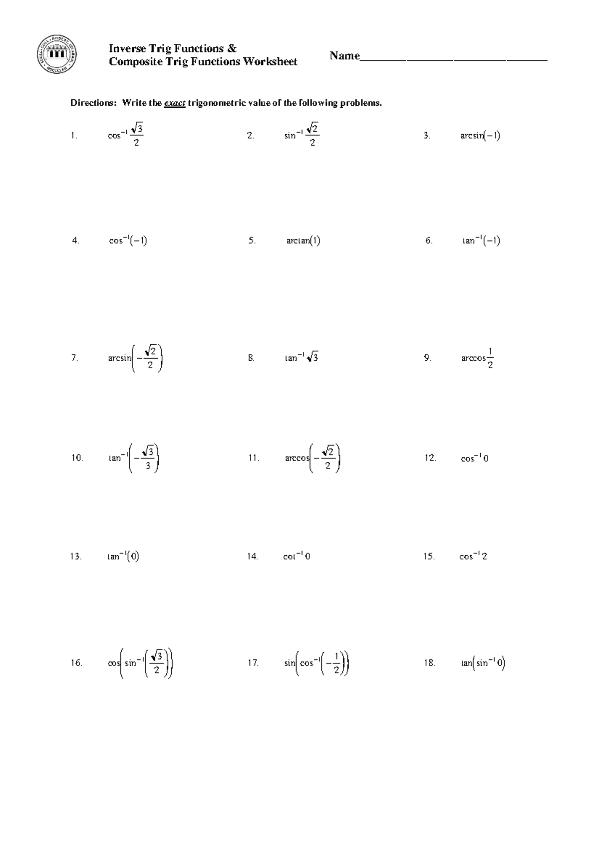 7 5 Inverse Trig Functions Worksheet Name Inverse Trig