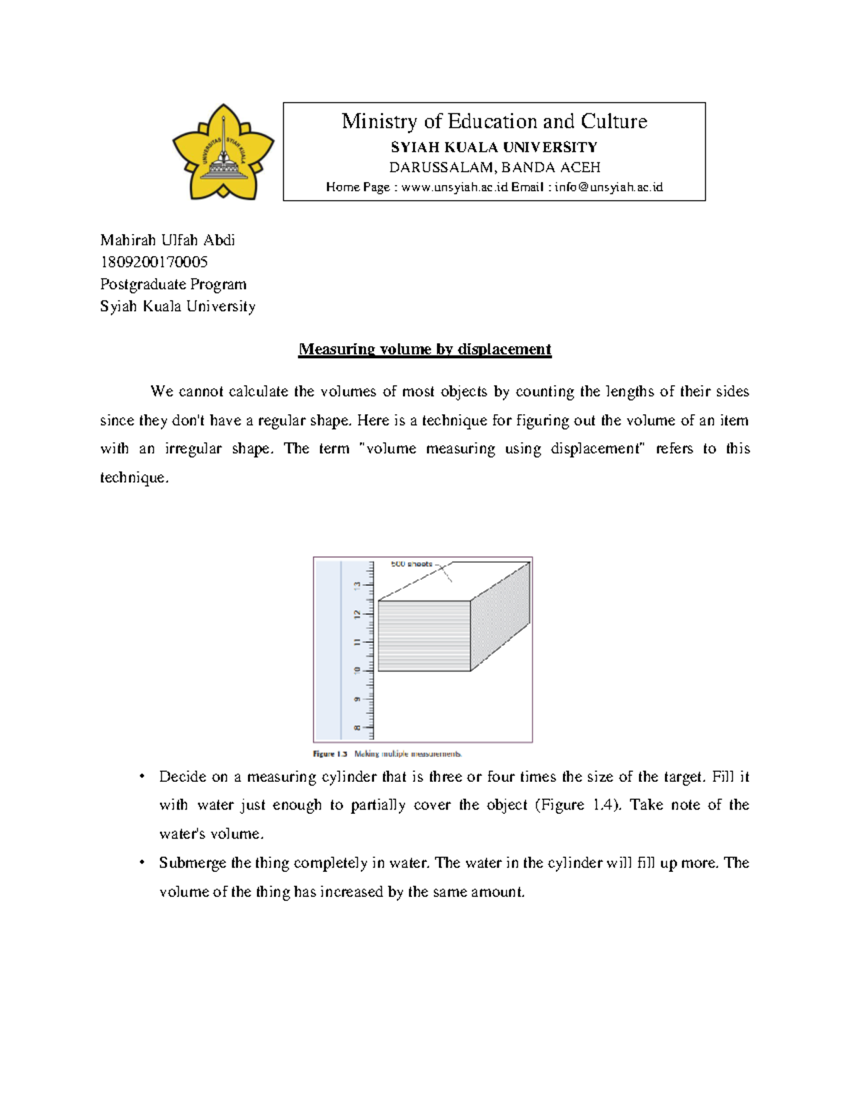 Measuring volume by displacement - Mahirah Ulfah Abdi 1809200170005 ...