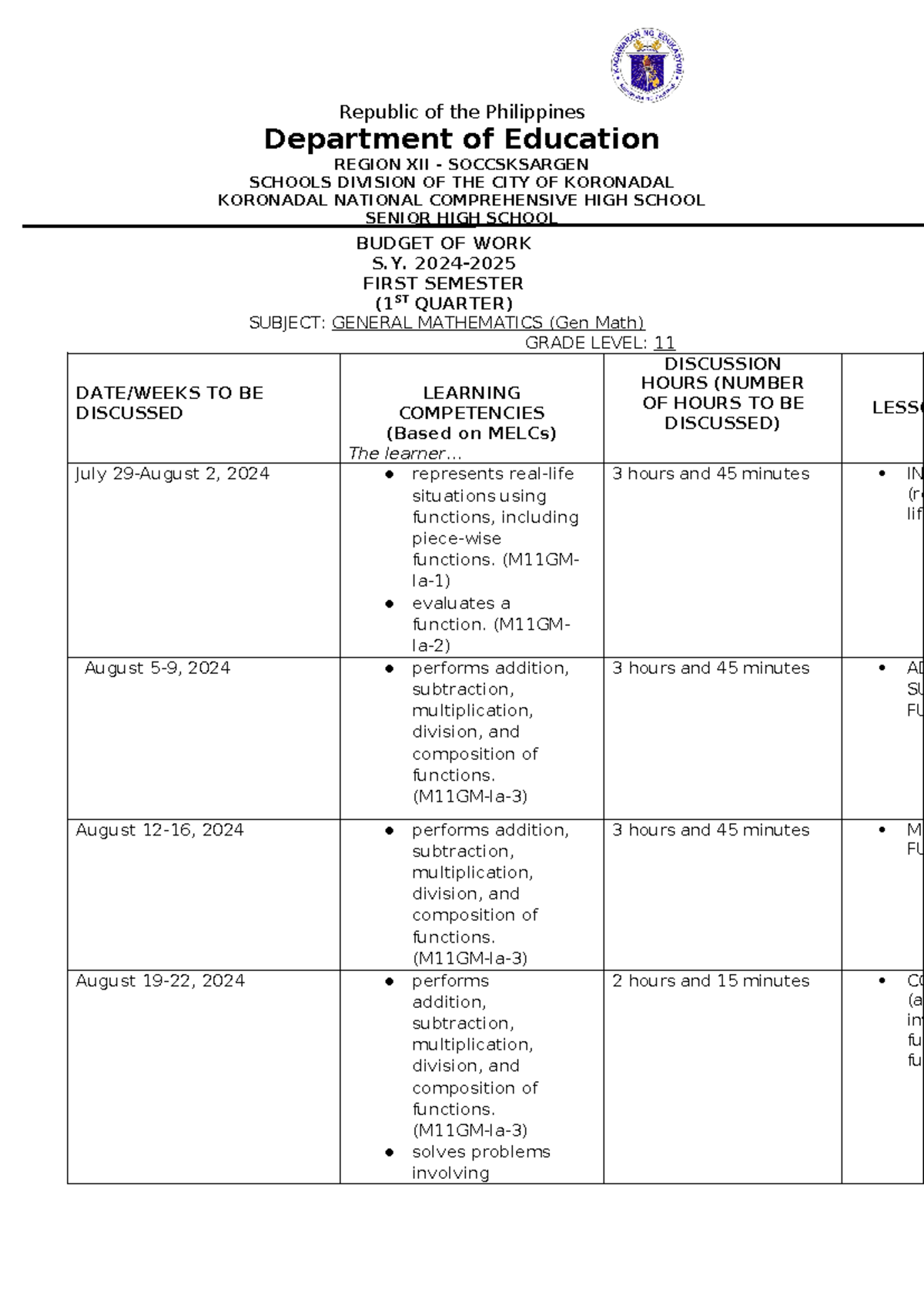 General Mathematics-BOW - Department of Education REGION XII ...