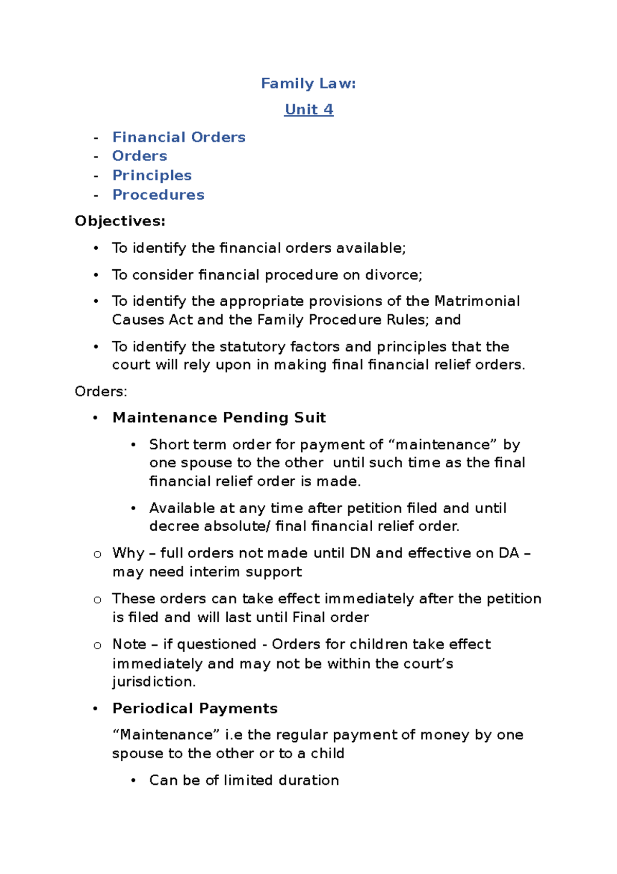 4. Financial Orders - Family Law - Family Law: Unit 4 Financial Orders ...