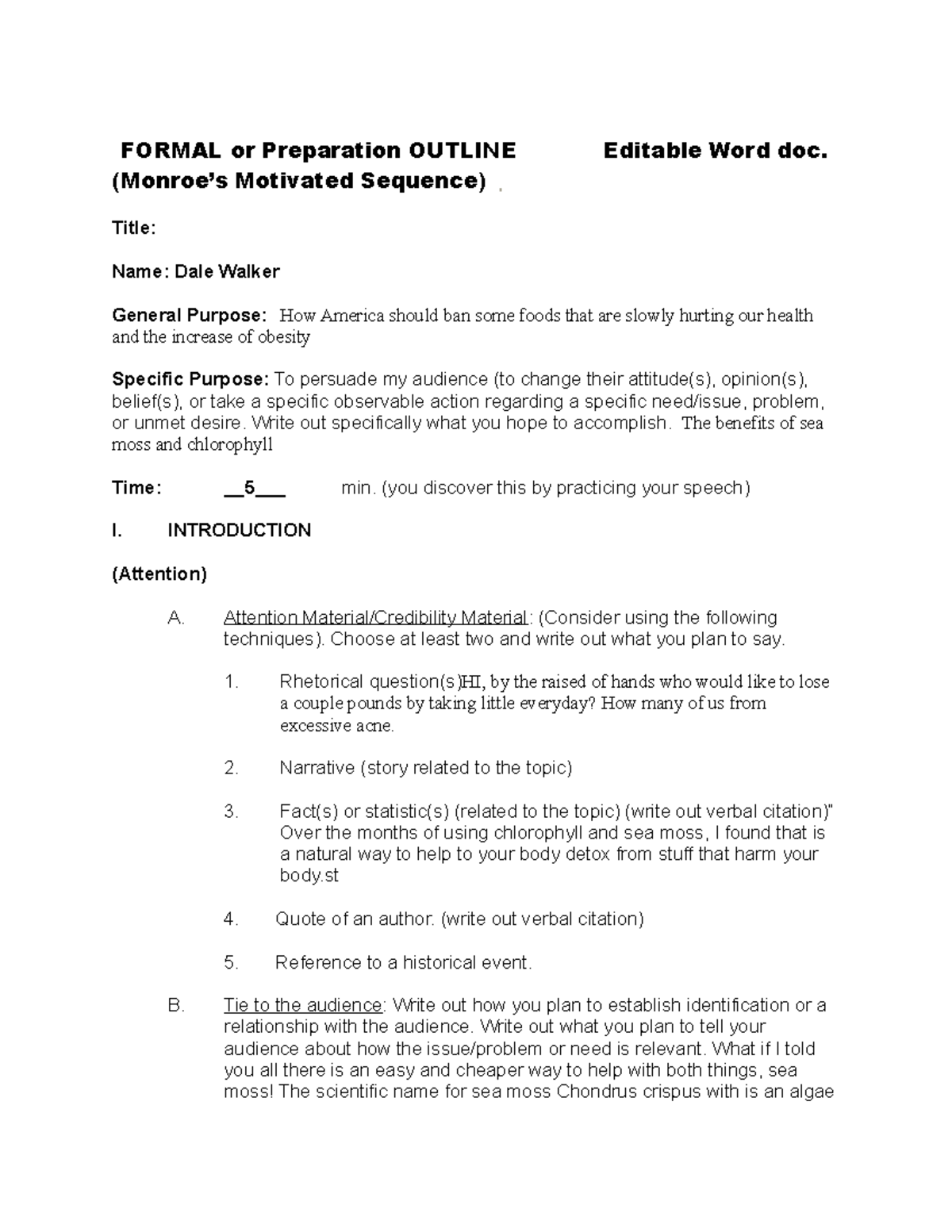 Persuasive Speech Outline - FORMAL or Preparation OUTLINE Editable Word ...