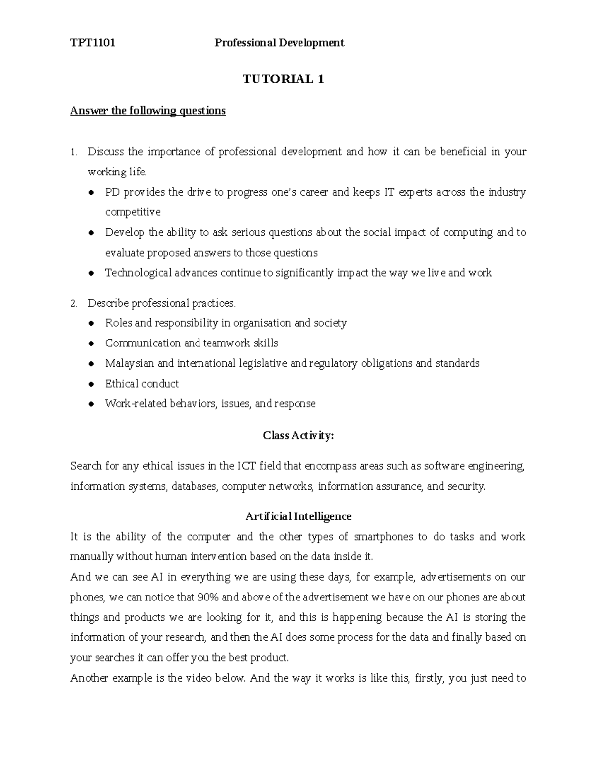 Tutorial-1 Question (Introduction) - TPT1101 Professional Development ...