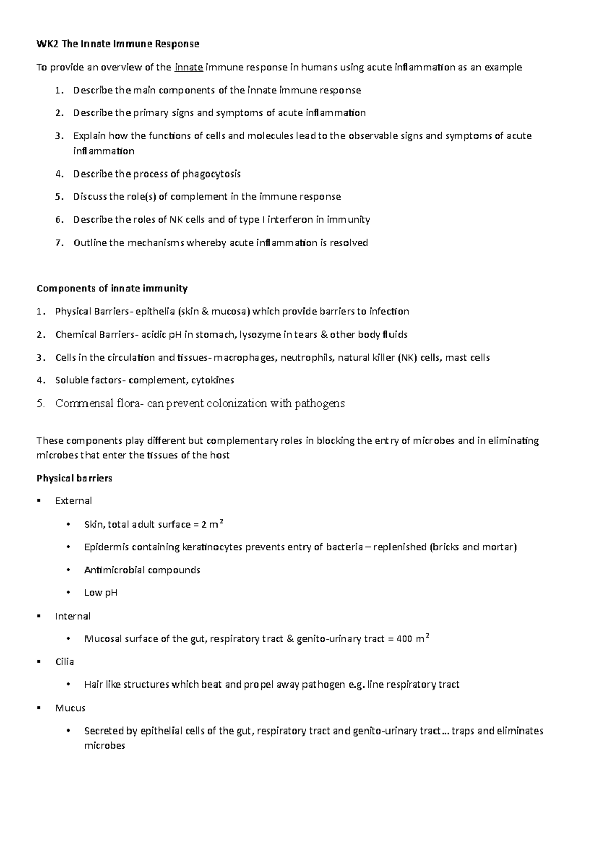 Innate immuntiy - Lecture notes 2 - WK2 The Innate Immune Response To ...