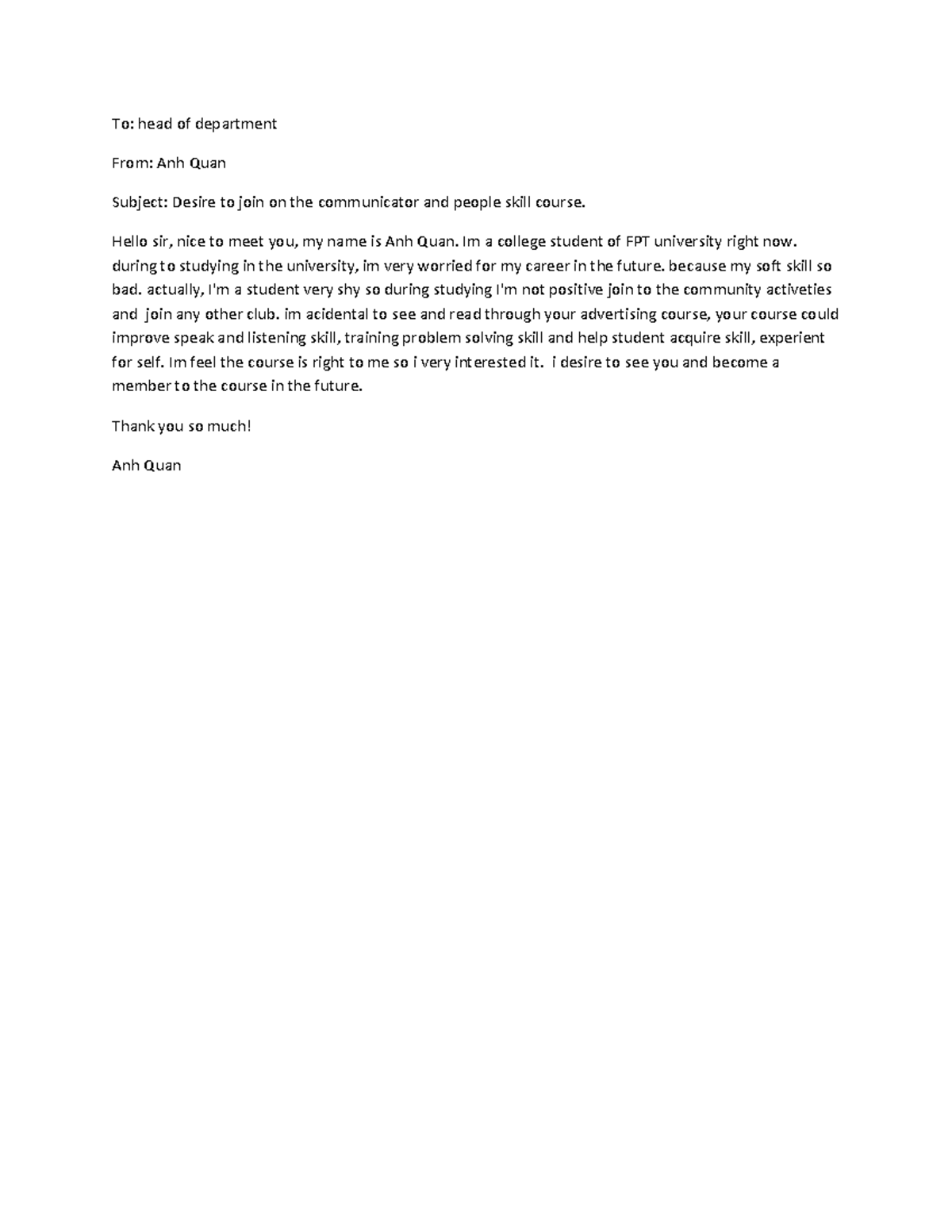 Email - ok - To: head of department From: Anh Quan Subject: Desire to ...