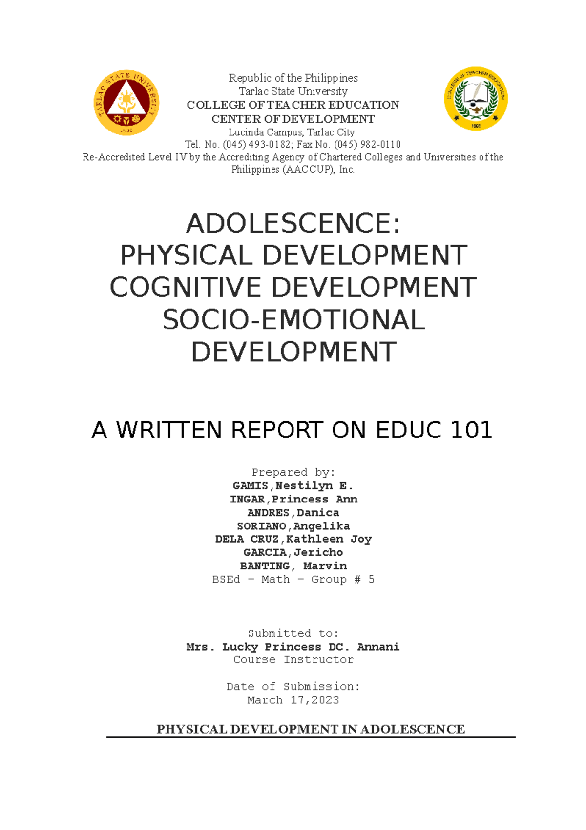 Educ 101 - Activity - Republic of the Philippines Tarlac State ...