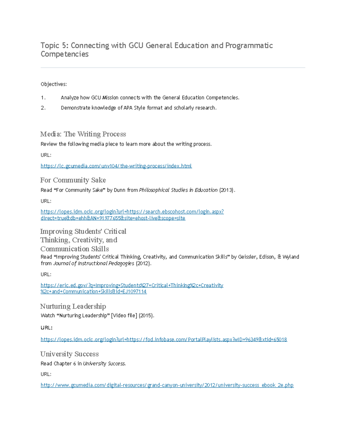 Topic 5 and Study Materials - Topic 5: Connecting with GCU General ...