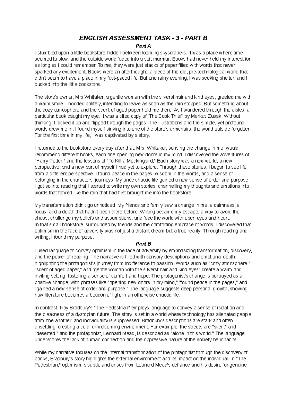 English Assessment TASK - 3 - PART B - ENGLISH ASSESSMENT TASK - 3 - PART B Part A I stumbled ...