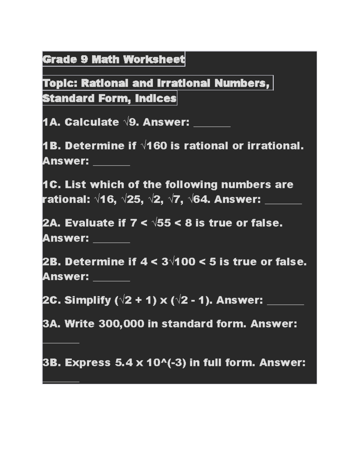Grade 9 Math Worksheet 1 - Grade 9 Math Worksheet Topic: Rational and ...