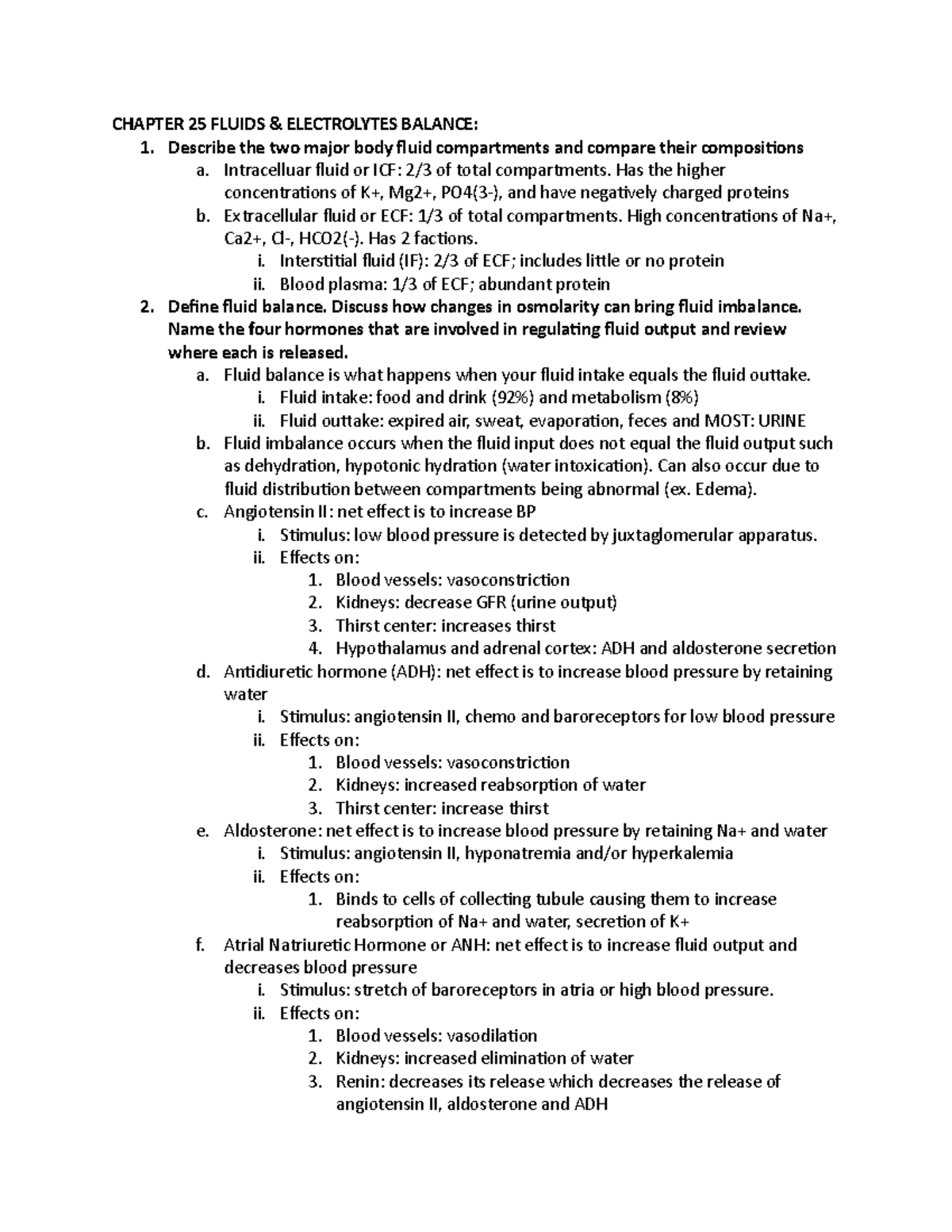 EXAM 3 Objectives - CHAPTER 25 FLUIDS & ELECTROLYTES BALANCE: Describe ...