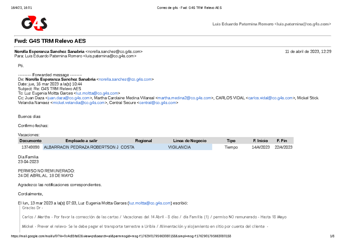 Correo de g4s - Fwd G4S TRM Relevo AES - Luis Eduardo Paternina Romero luis@co.g4s Fwd: G4S TRM ...