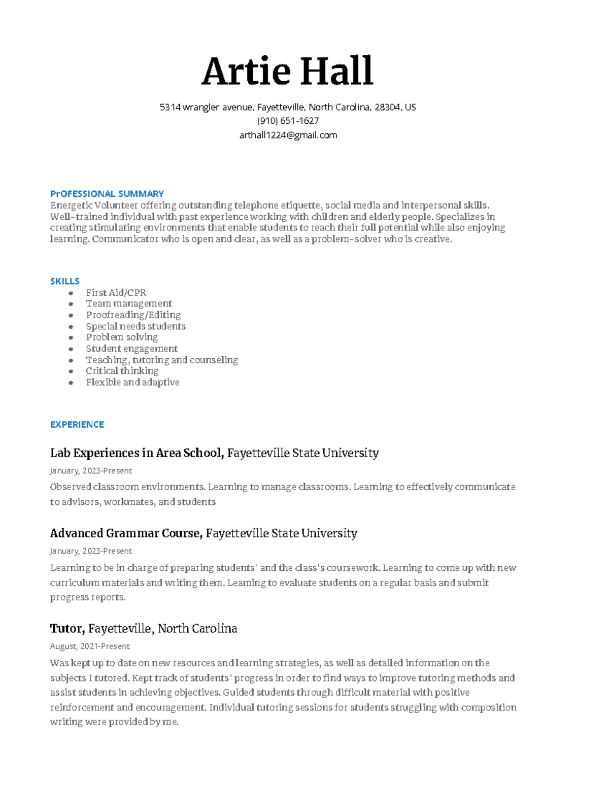 Resume - johnson - Artie Hall 5314 wrangler avenue, Fayetteville, North ...