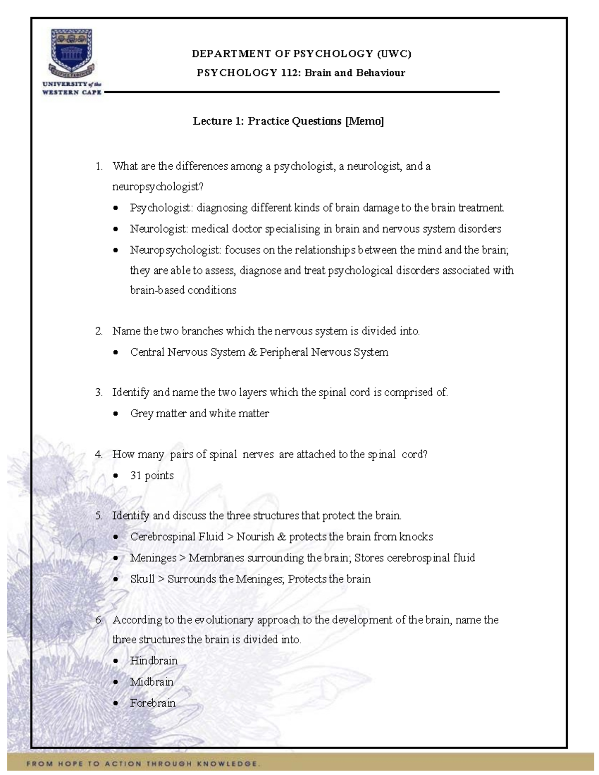 Lecture 1 PSY112 Practice Questions memo - DEPARTMENT OF PSYCHOLOGY (UWC) PSYCHOLOGY 112 : Brain ...