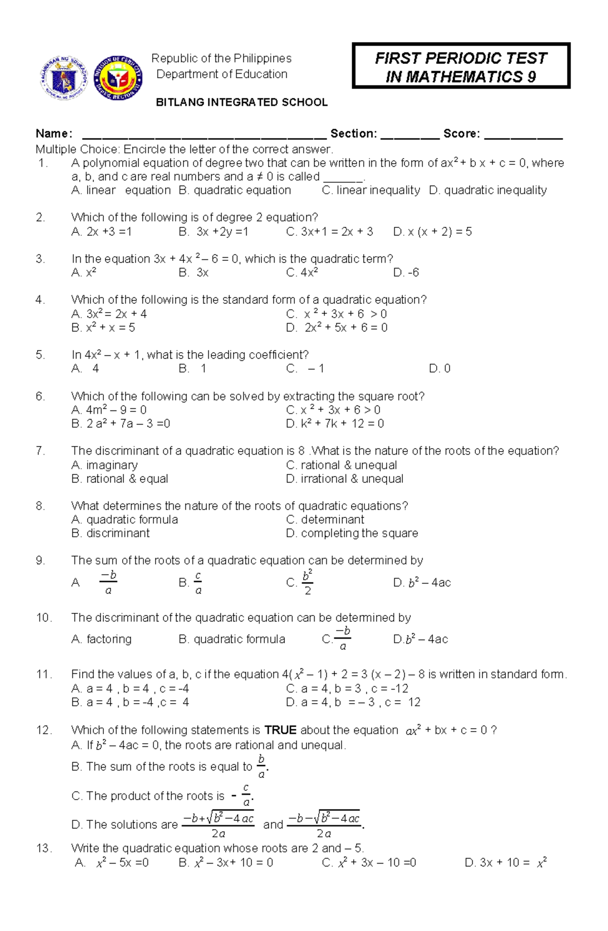 math 9 1st quarter exam - Republic of the Philippines Department of ...