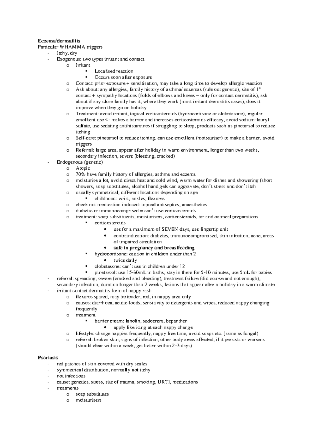 General OTC notes - Eczema/dermatitis Particular WHAMMA triggers ...