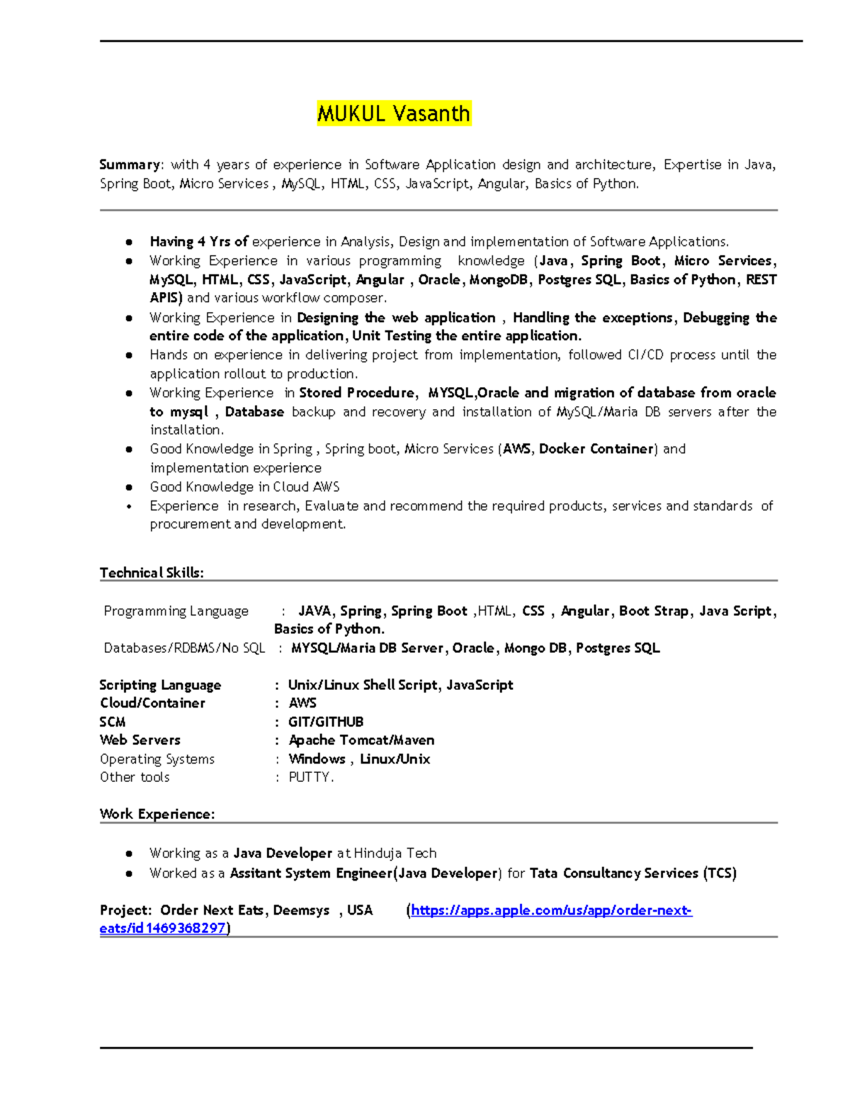 Mukul Resume Hinduja Tech Format Edited - MUKUL Vasanth Summary: with 4 ...