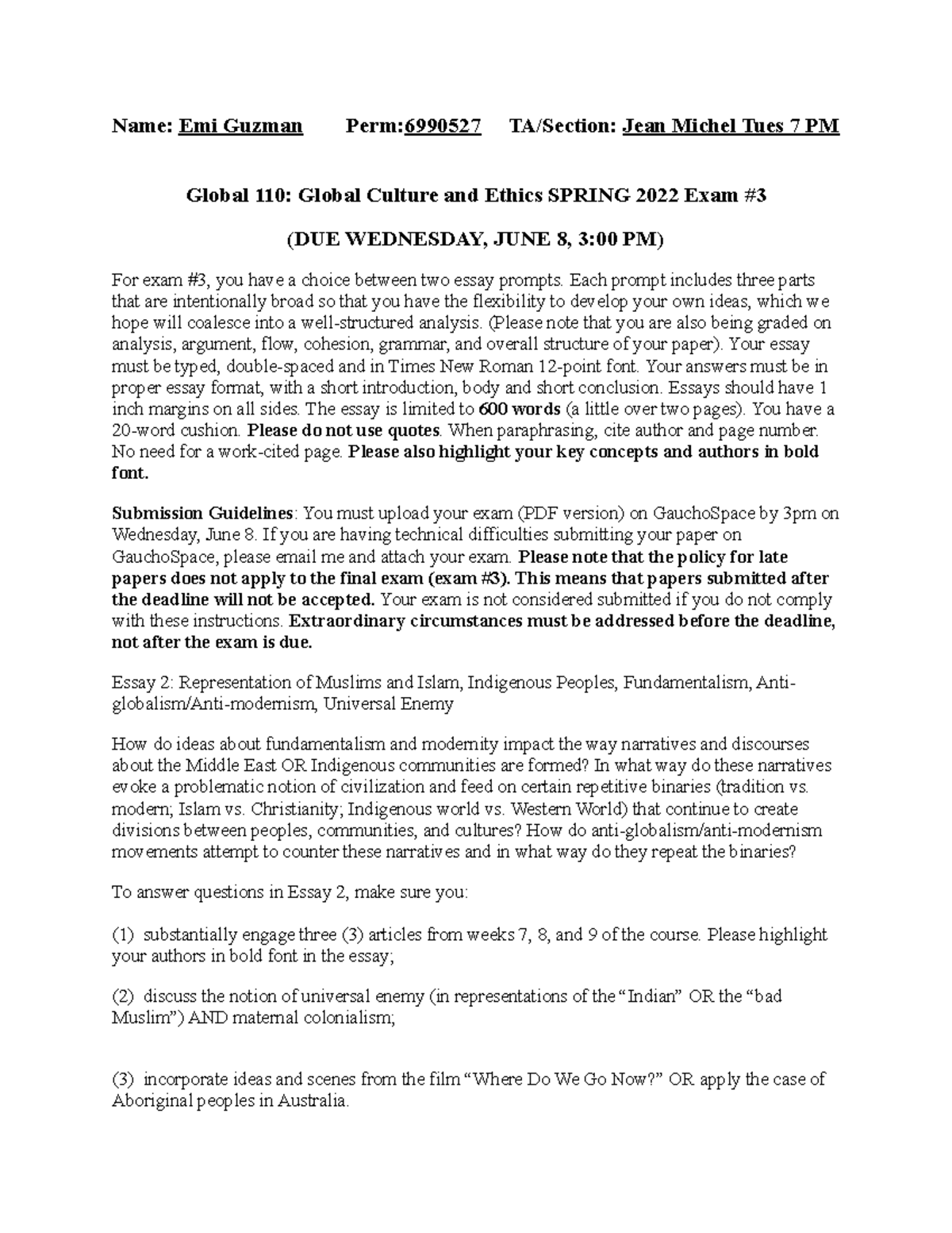 GLOBL 110 Paper #3 - Name: Emi Guzman Perm:6990527 Jean Michel Tues 7 ...