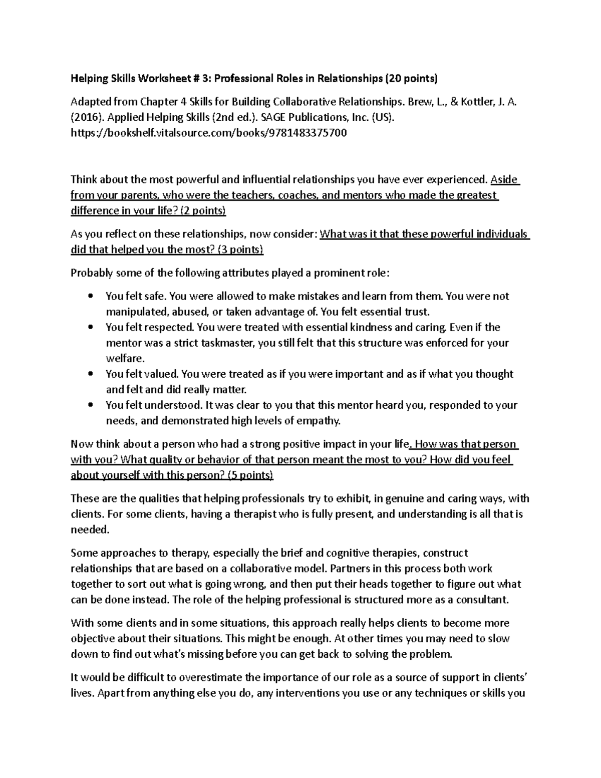 HS Worksheet # 3 Professional Roles in Relationships - Helping Skills ...