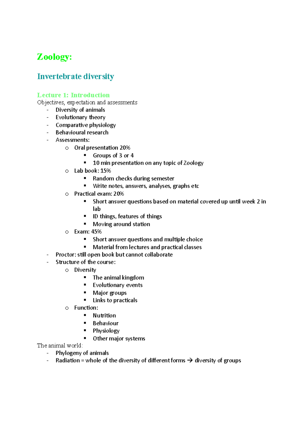 Zoology full lecture notes - Zoology: Invertebrate diversity Lecture 1 ...