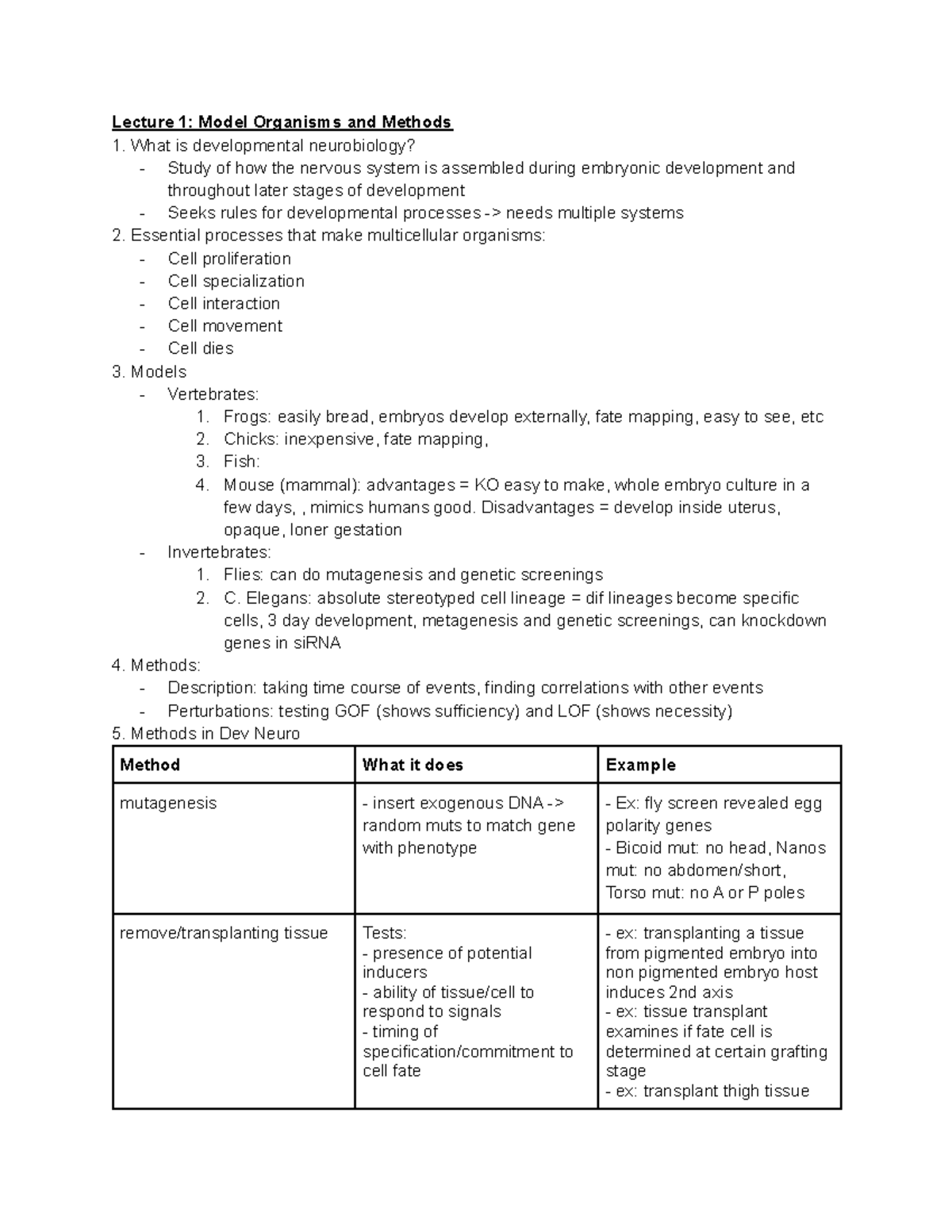 Developmental Neurosciene - Lectures 1-3 - Lecture 1: Model Organisms and Methods What is - Studocu