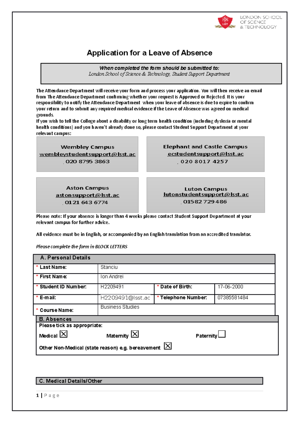 Leave of Absence Form Andrei - Application for a Leave of Absence The ...