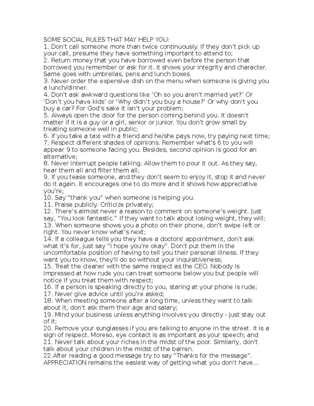 SOME Social Rules THAT MAY HELP - SOME SOCIAL RULES THAT MAY HELP YOU ...