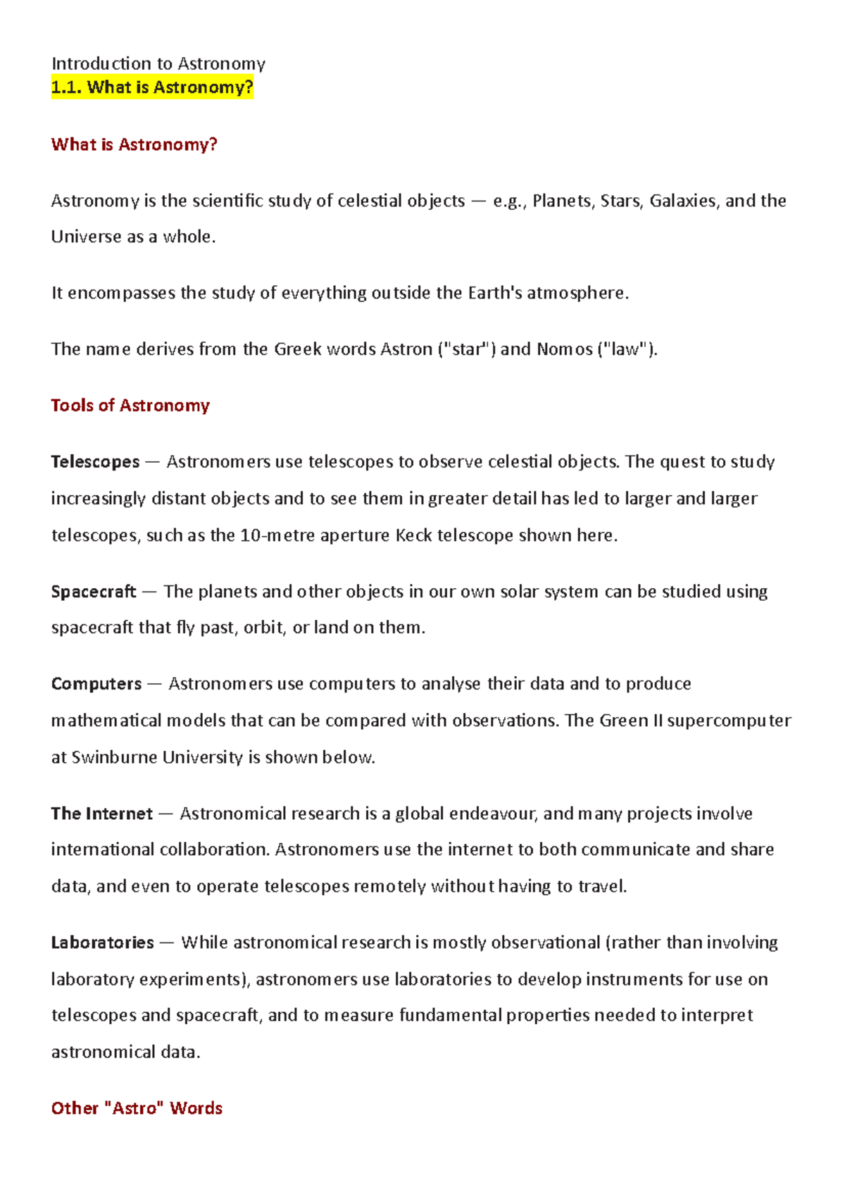 PHYS1160 Notes 2022 - Introduction to Astronomy 1. What is Astronomy ...