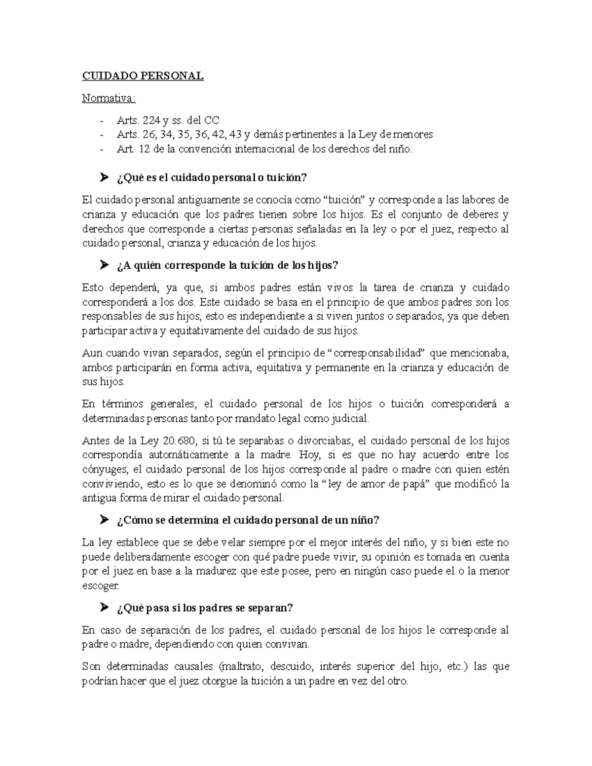 Cuidado personal - CUIDADO PERSONAL Normativa: Arts. 224 y ss. del CC ...