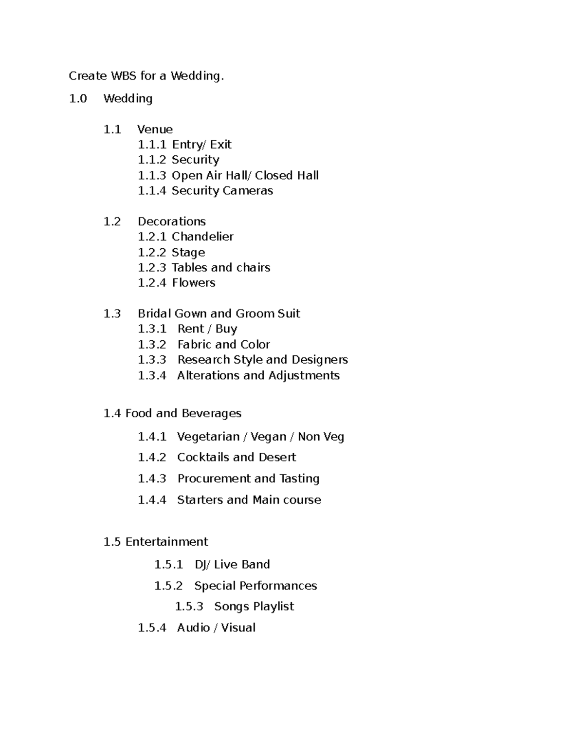 WBS for Wedding 100846952 - Create WBS for a Wedding. 1 Wedding 1 Venue ...