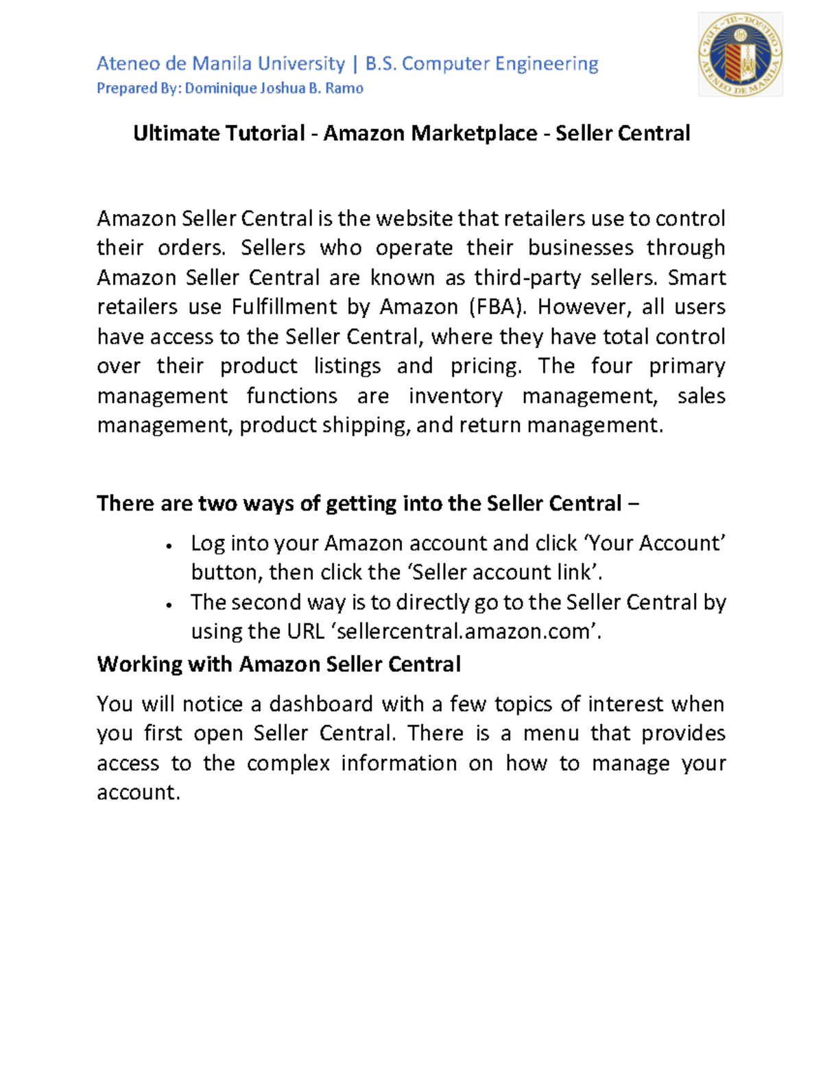 Ultimate Tutorial - Amazon Marketplace - Seller Central - Prepared By: Dominique Joshua B. Ramo ...