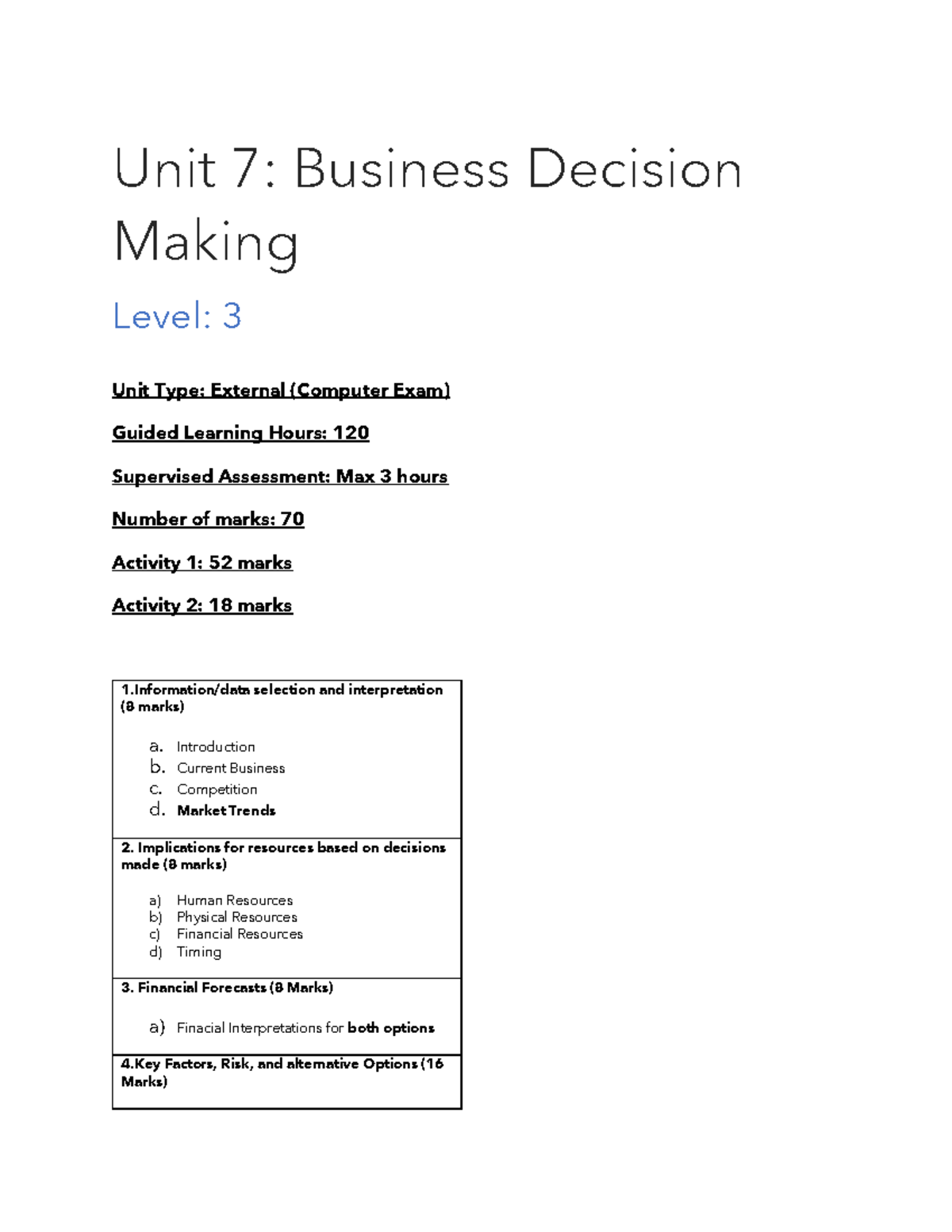 Unit 7 Business Decision Making Level 3 - Copy - Copy - Unit 7: Business Decision Making Level ...