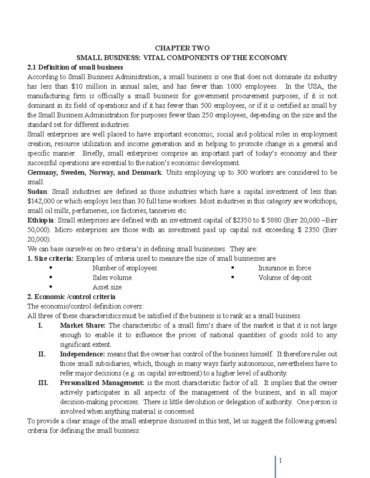 Chapter 2 - enterprenuership - CHAPTER TWO SMALL BUSINESS: VITAL ...